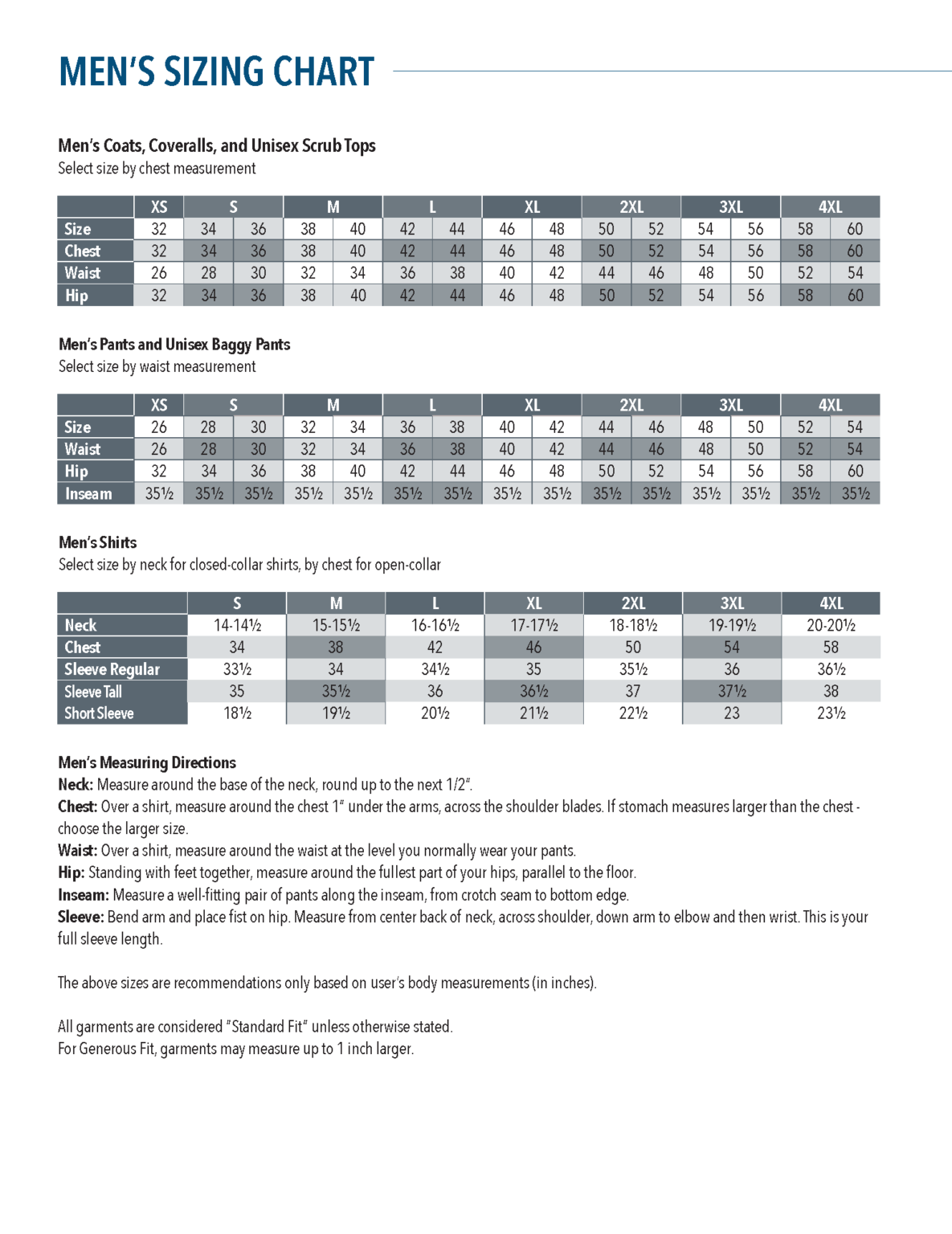 Men's Sizing Chart - Premium Uniforms